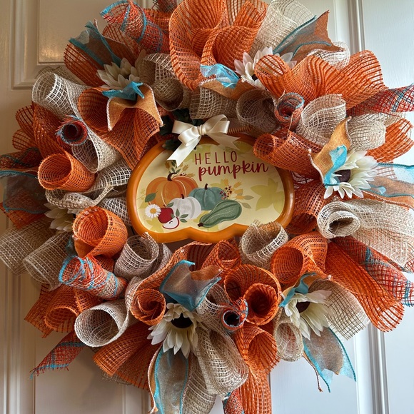 Holiday | Hello Pumpkin Orange And Turquoise Fall Wreath | Poshmark